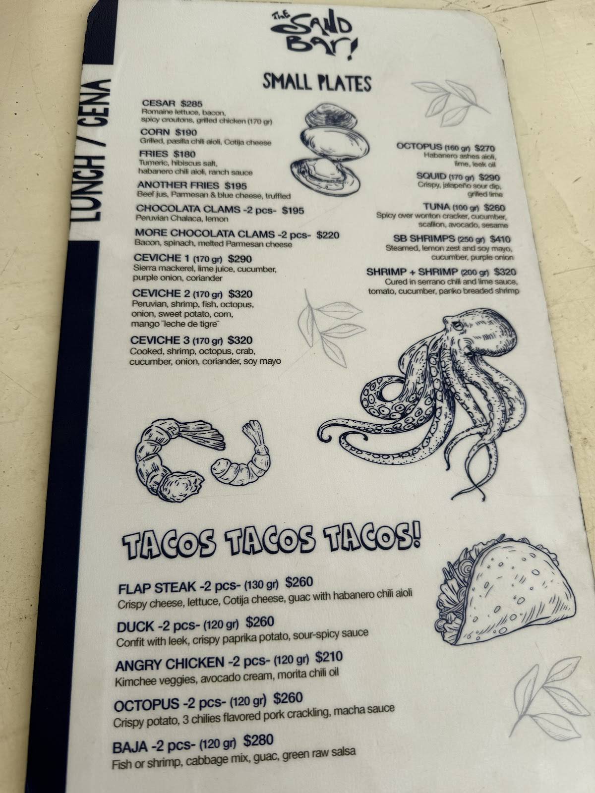 Menu at The Sand Bar, Cabo San Lucas, Calle Cormonares SN El