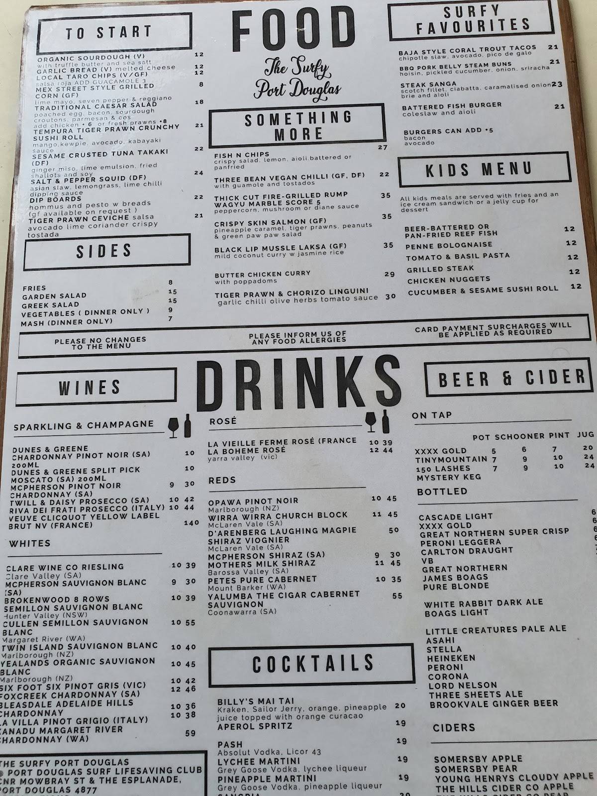 Menu at The Surfy pub & bar, Port Douglas, Mowbray St