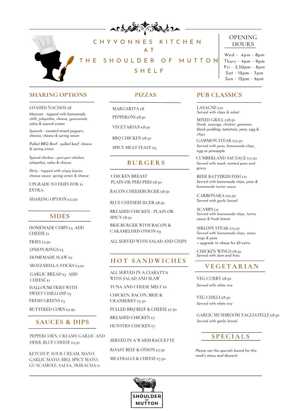 Menu at Shoulder of Mutton, Shelf pub & bar, Halifax, 1 Carr House Ln
