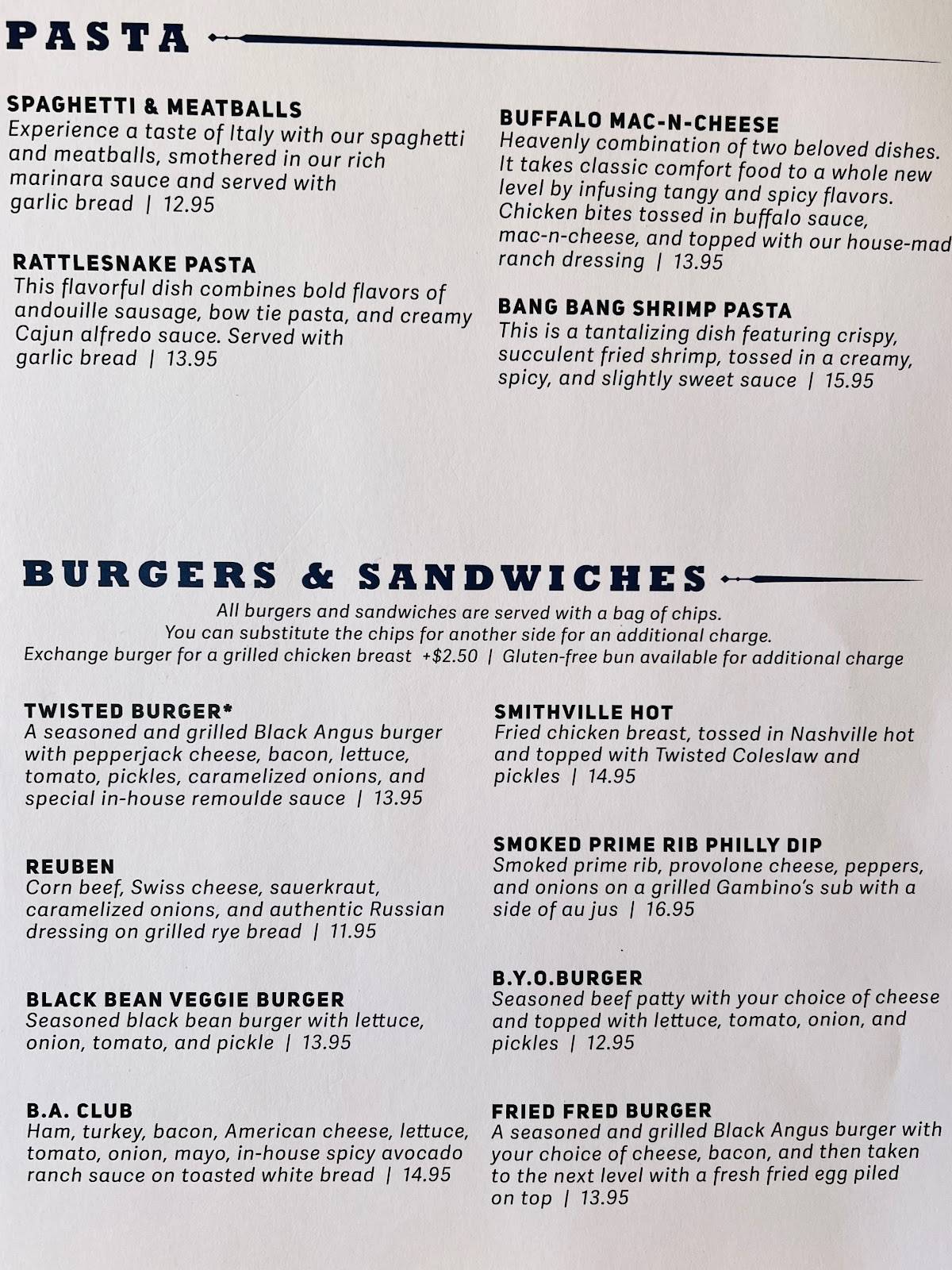 Menu at Twisted Oaks pub & bar, Smithville