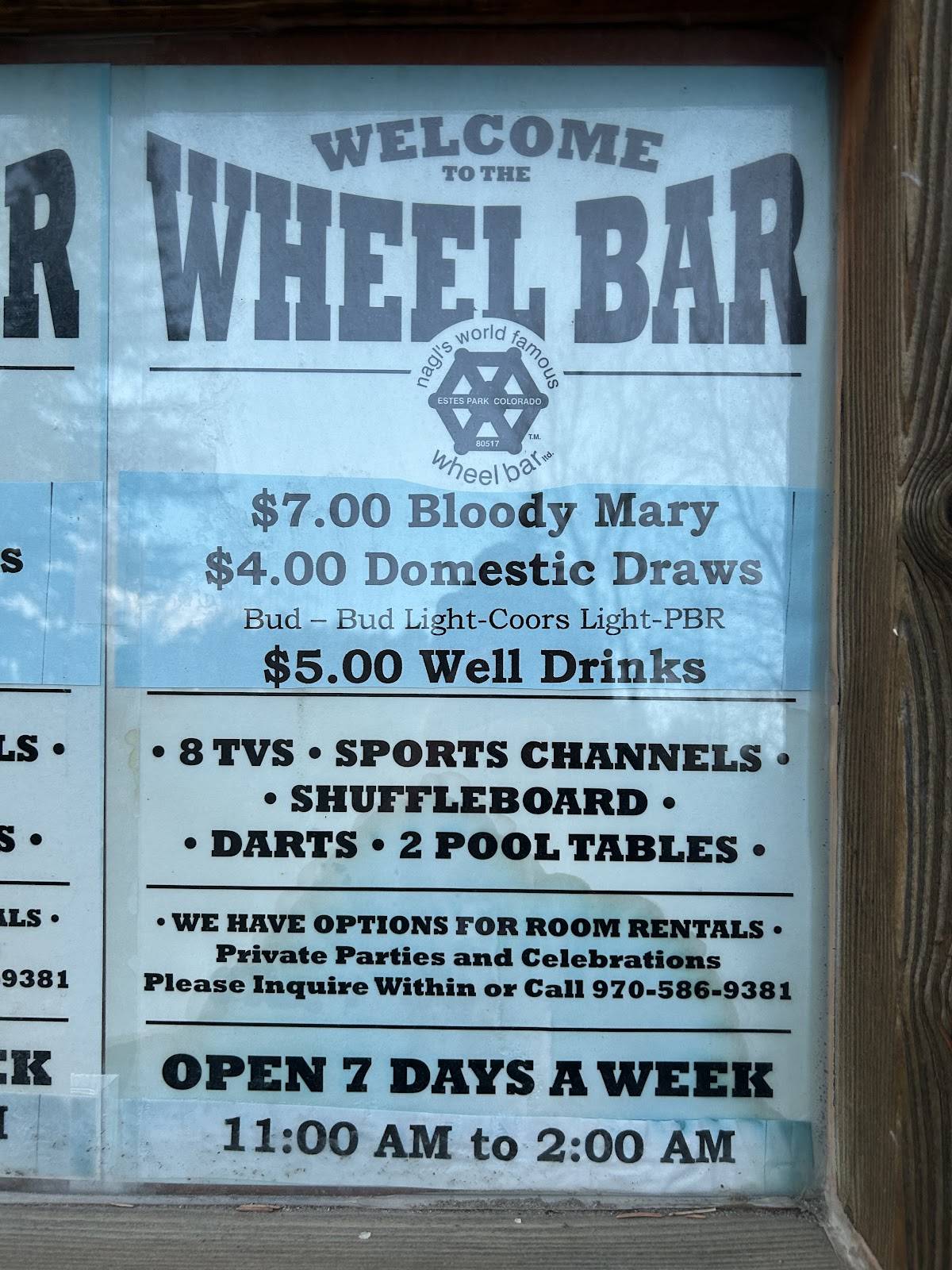 Menu at Wheel Bar, Estes Park, The Wheel Building