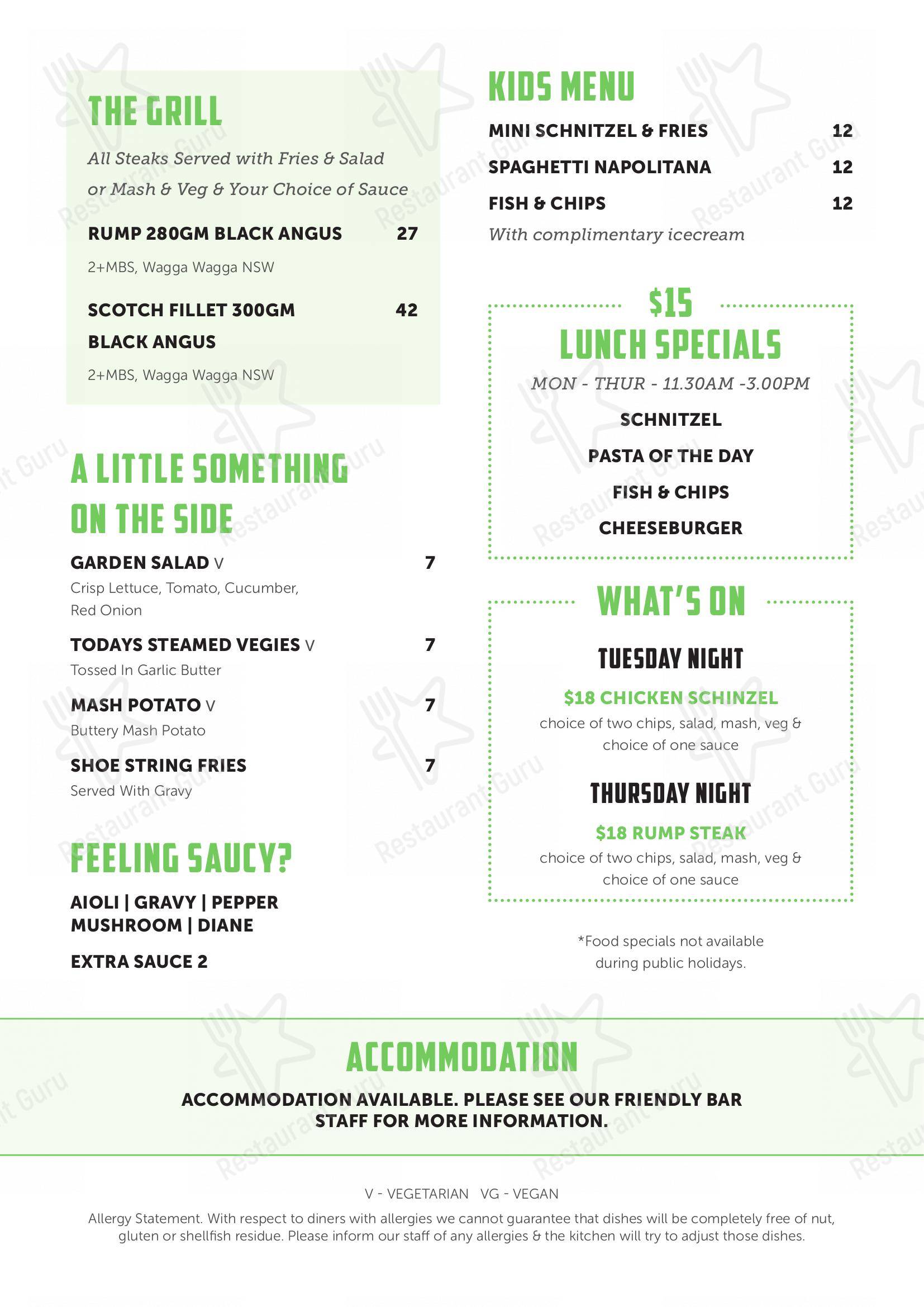 Menu at Wisemans Inn Hotel pub & bar, Wisemans Ferry