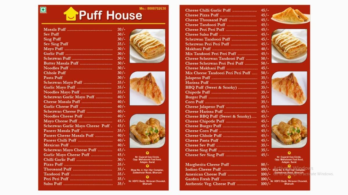 Menu at Puff house, Surat