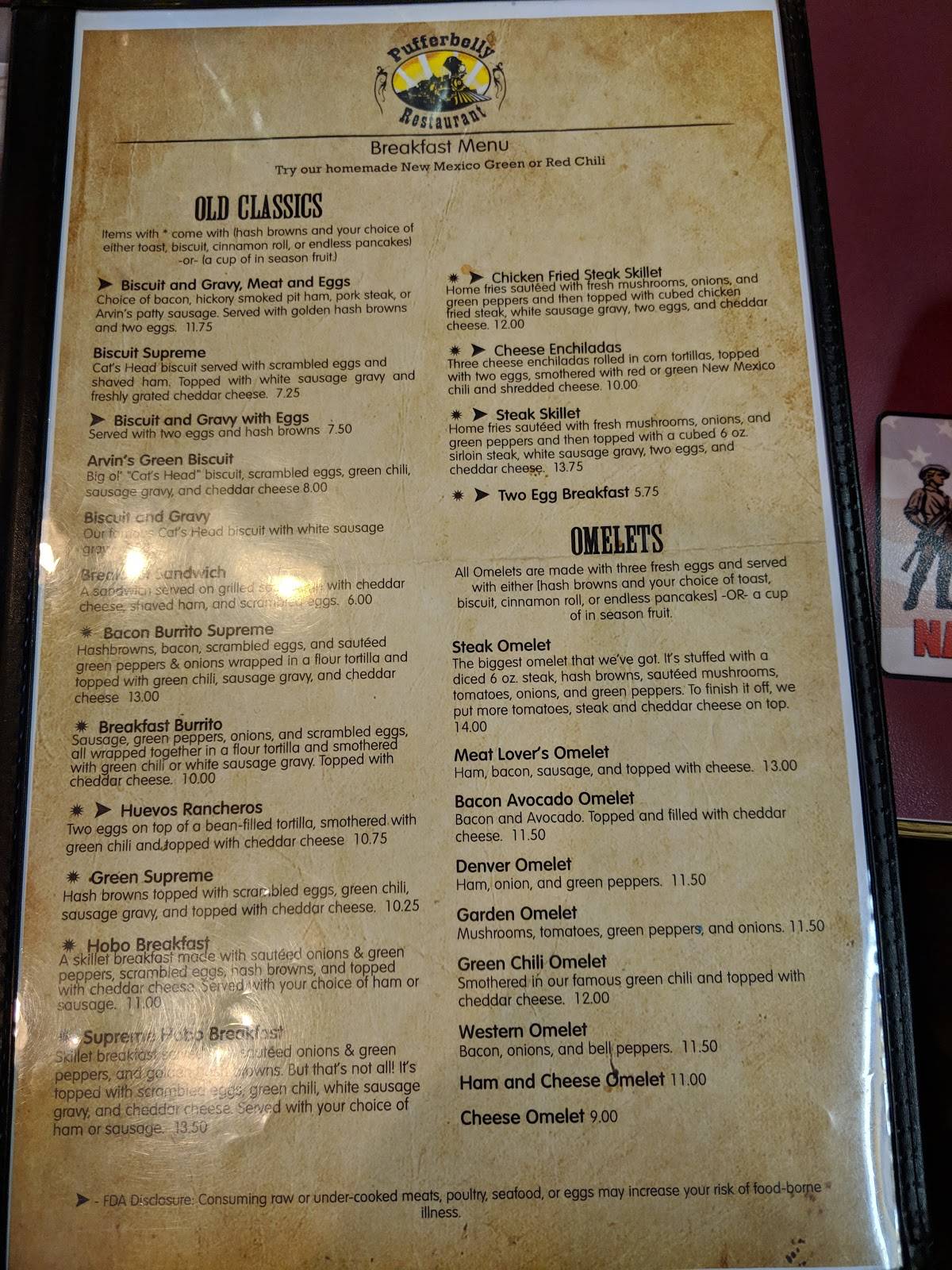 Menu at Pufferbelly Station Restaurant, Grand Junction