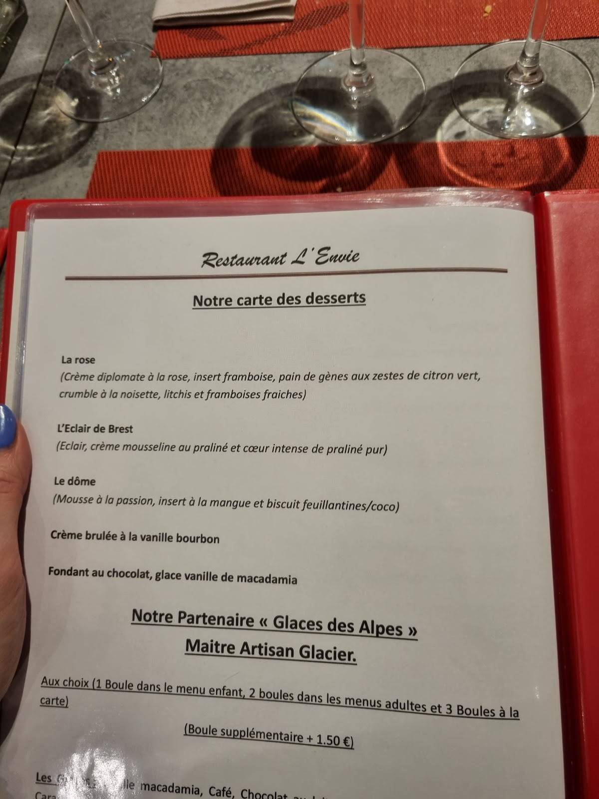Menu au L'Envie pizzeria, Puiseaux