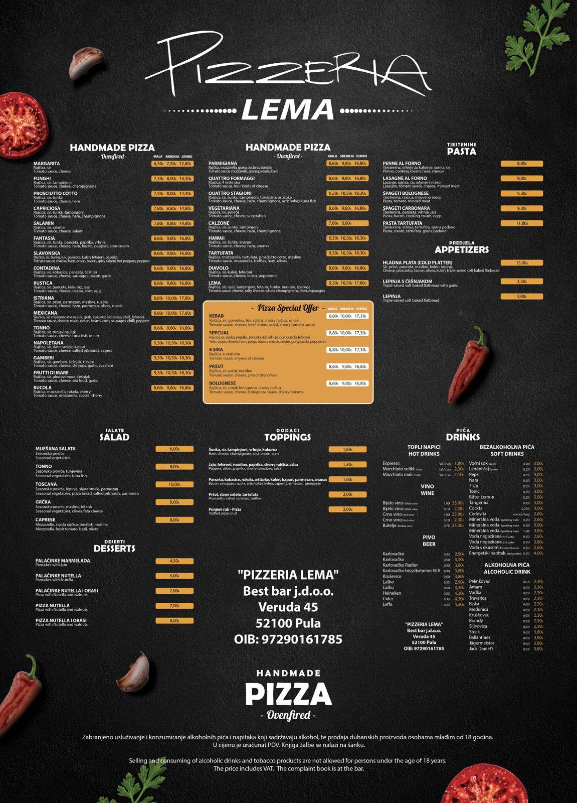Menu at Pizzeria LEMA, Pula