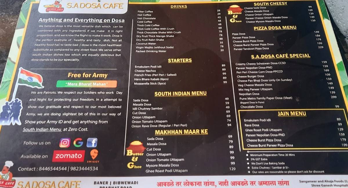 Menu at SA DOSA CAFE, Pune, Shop no
