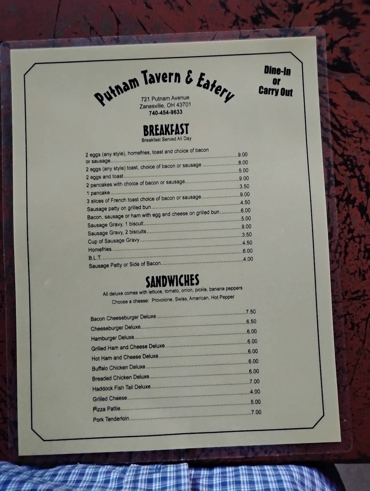 Menu at Putnam Tavern pub & bar, Zanesville