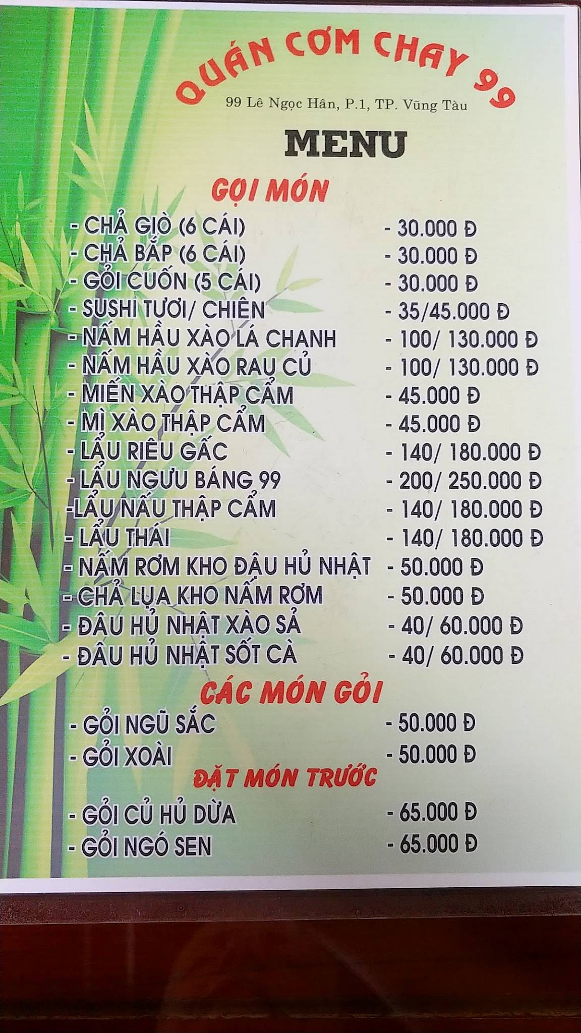 Menu at Quán Chay 99 restaurant, Vietnam
