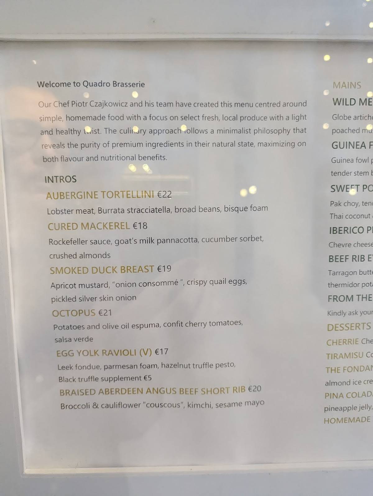 Menu at Quadro restaurant, Saint Julian's