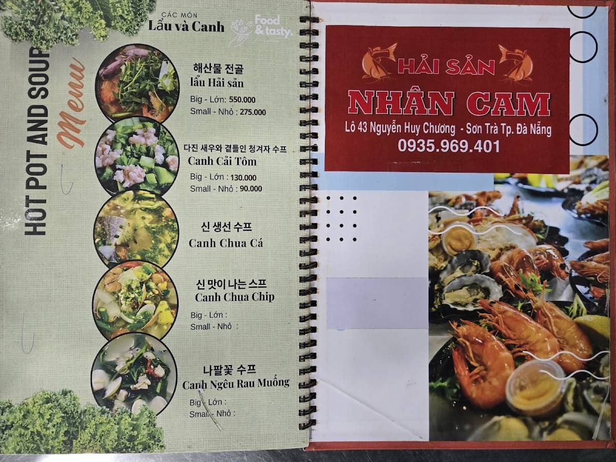 Menu at Quán Nhân Cam restaurant, Da Nang