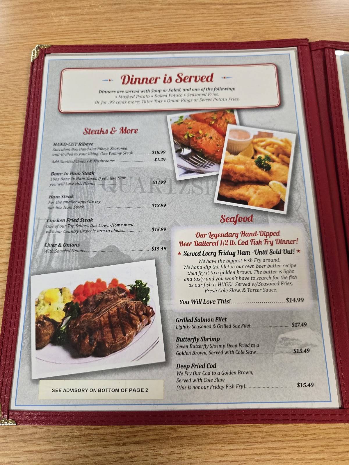 Menu at Mountain Quail Cafe, Quartzsite