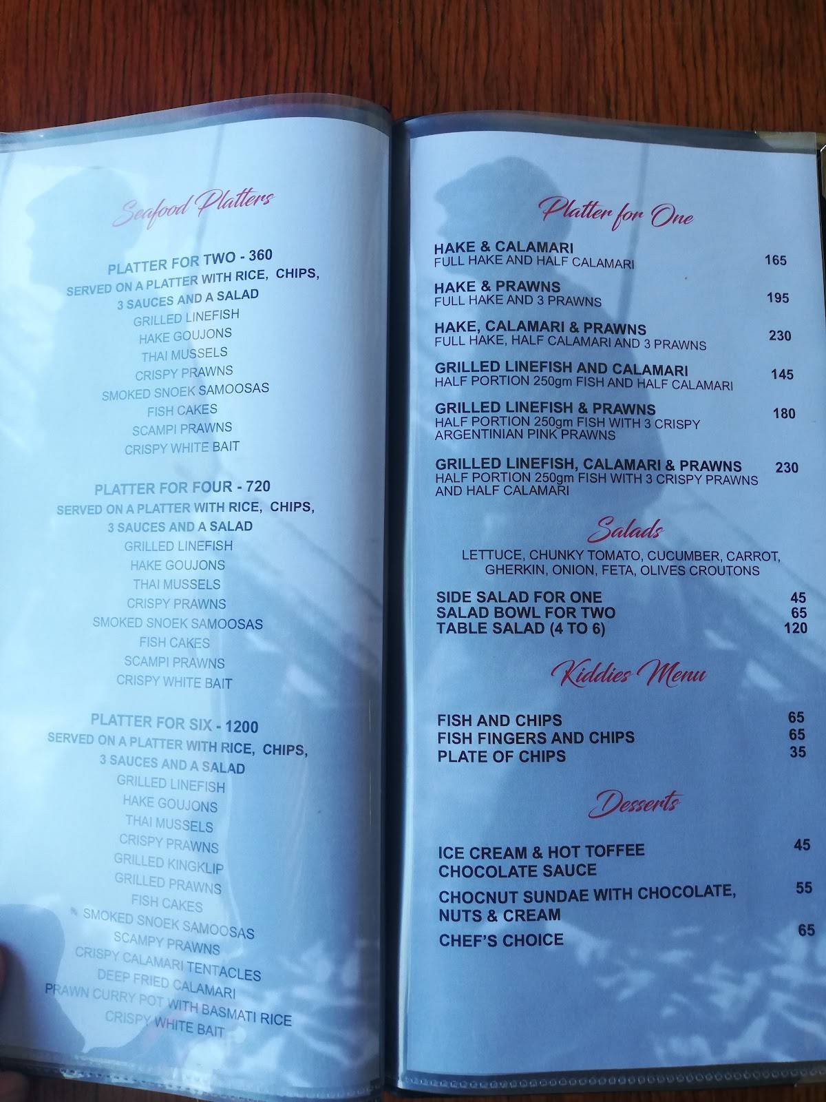 Menu at Quayside Cabin restaurant, Hermanus