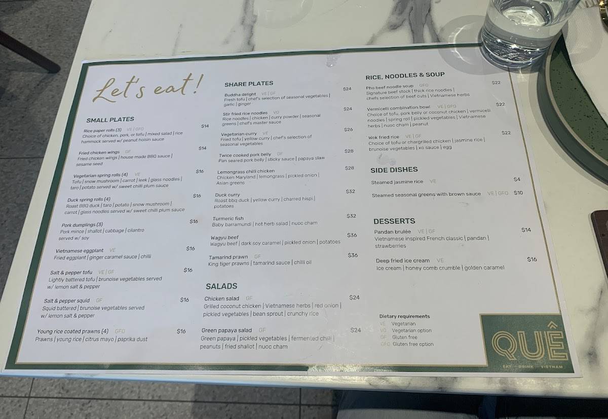 Menu at Quê Dining restaurant, Newport