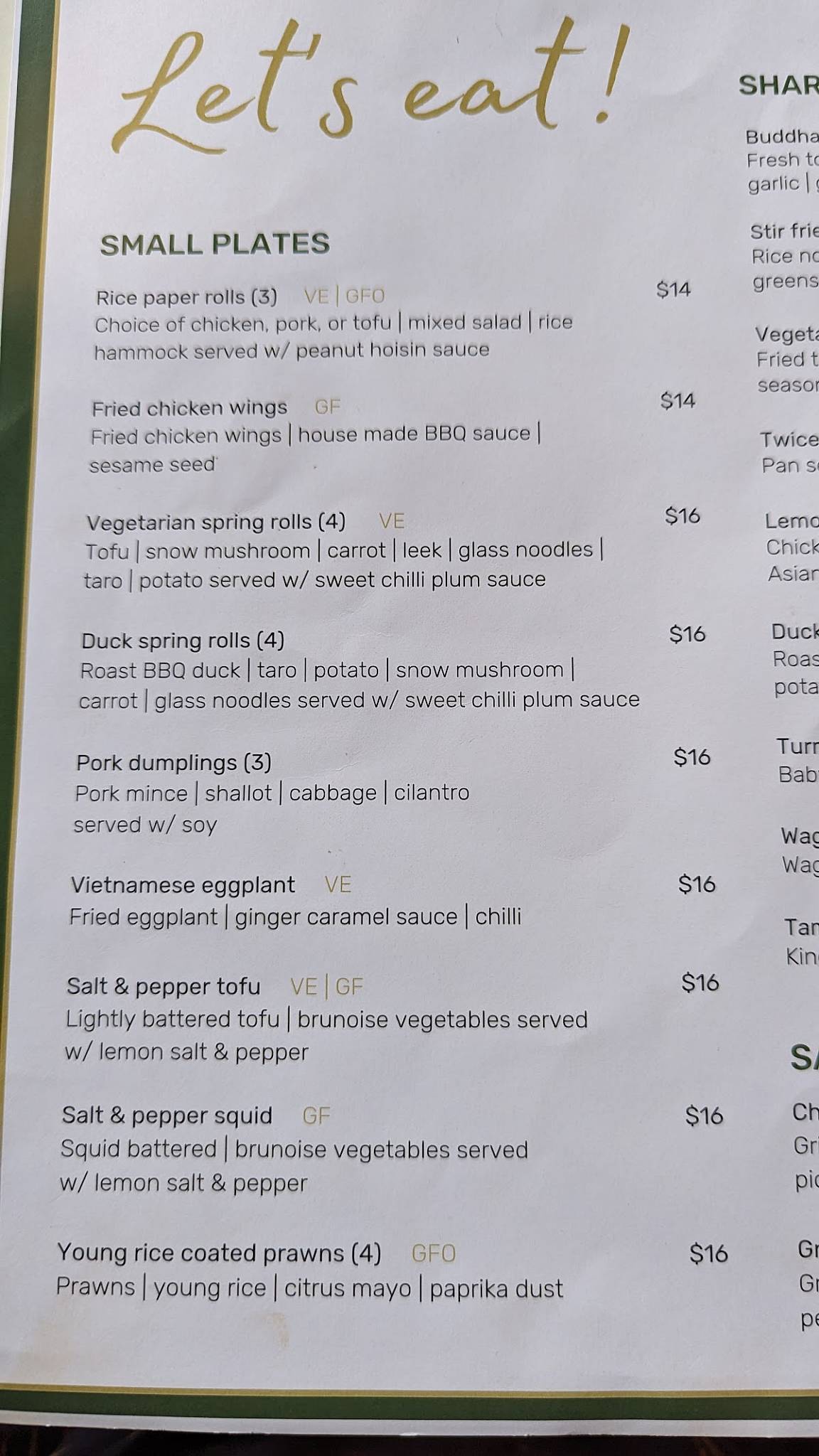 Menu at Quê Dining restaurant, Newport