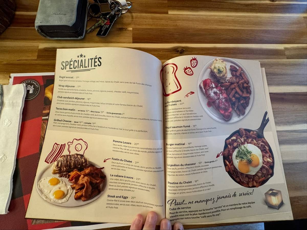 Menu au Au Petit Chalet restaurant, Québec, 840 Rue Bouvier