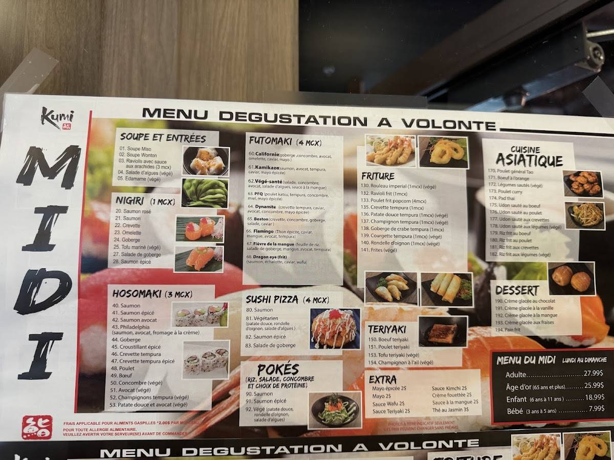 Menu au Sushi Kumi restaurant, Québec, 815 Bd Lebourgneuf
