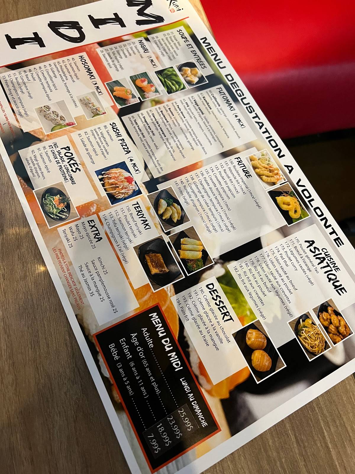 Menu au Sushi Kumi restaurant, Québec, 815 Bd Lebourgneuf