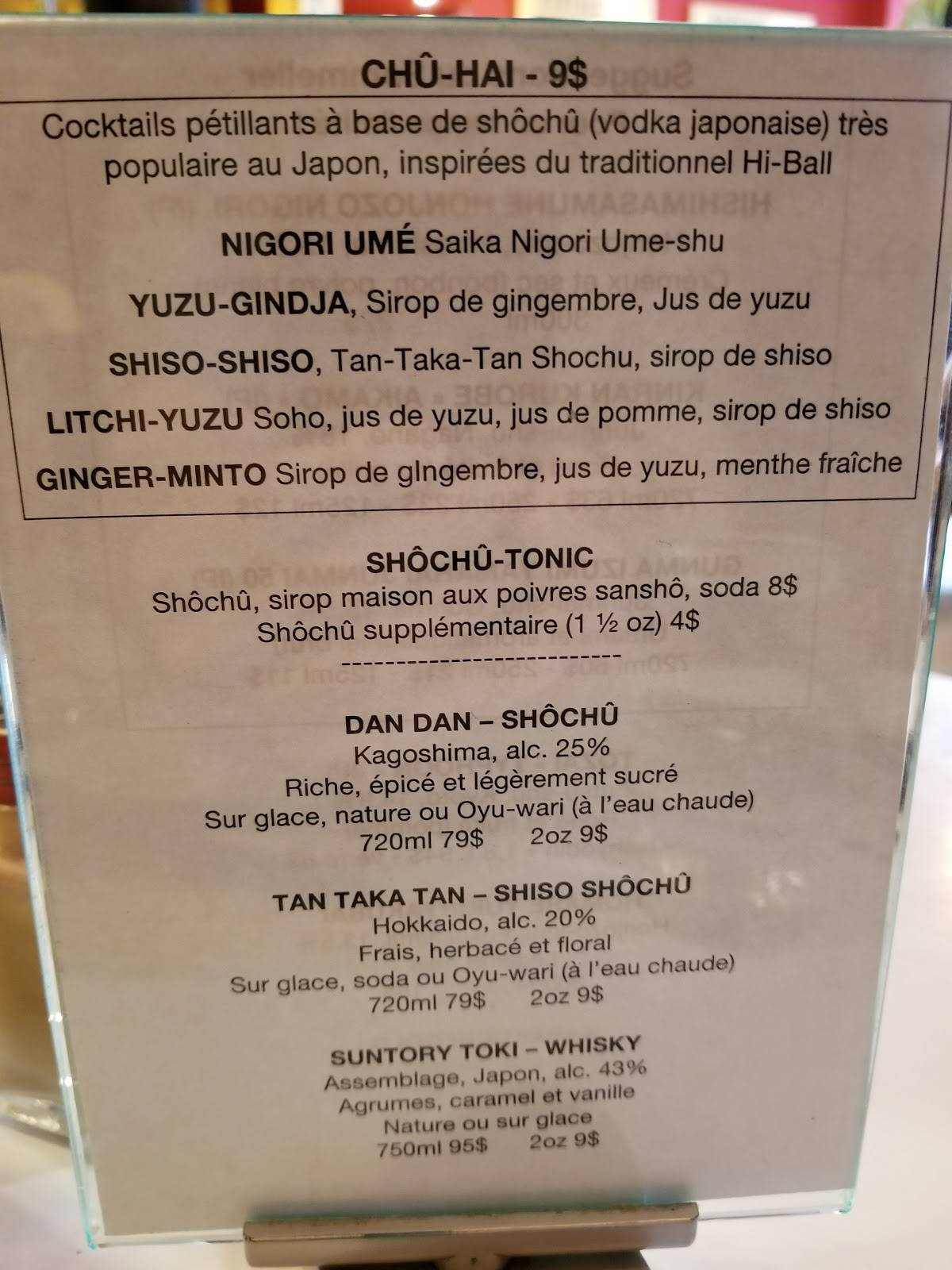 Carta del restaurante Tora-Ya Ramen, Quebec