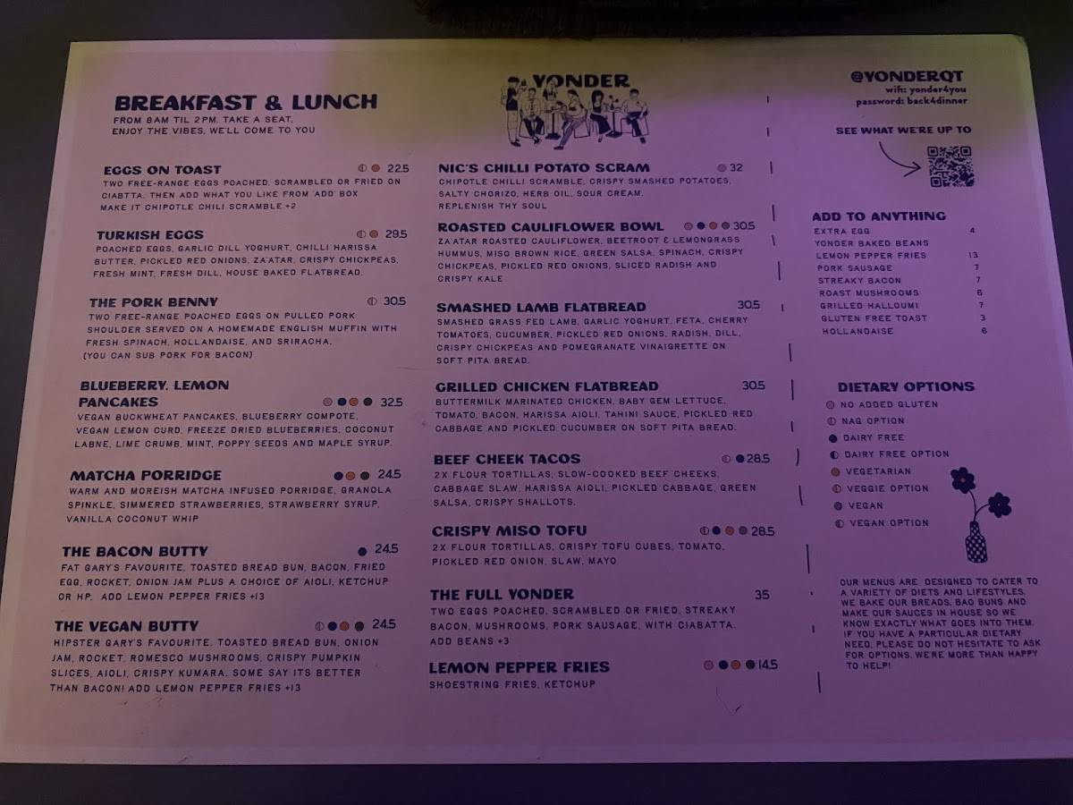 Menu at Yonder cafe, Queenstown