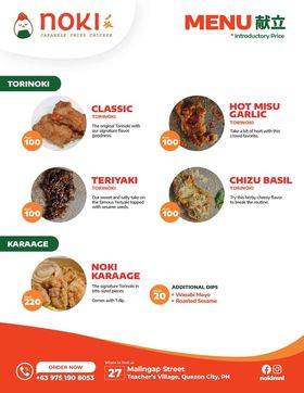 Menu at Noki Japanese Fried Chicken restaurant, Quezon City