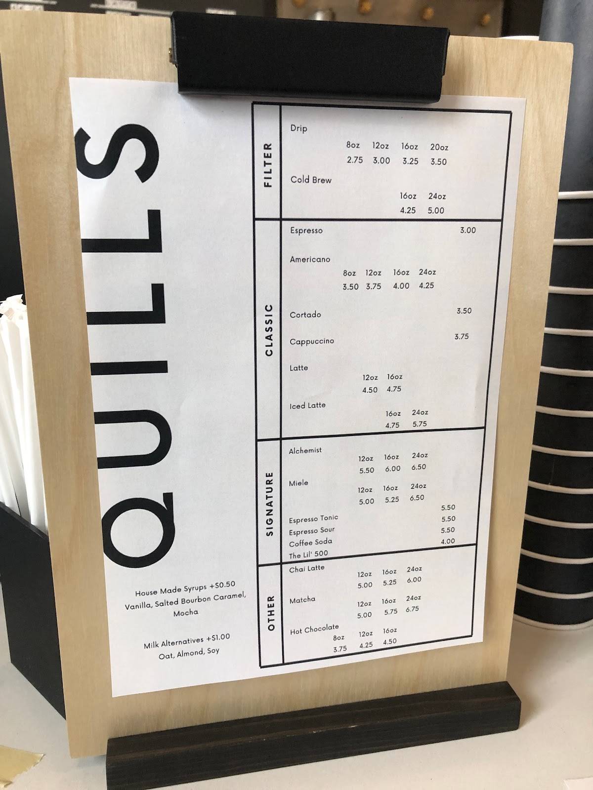 Menu at Quills Coffee restaurant, Louisville, Watterson Trail