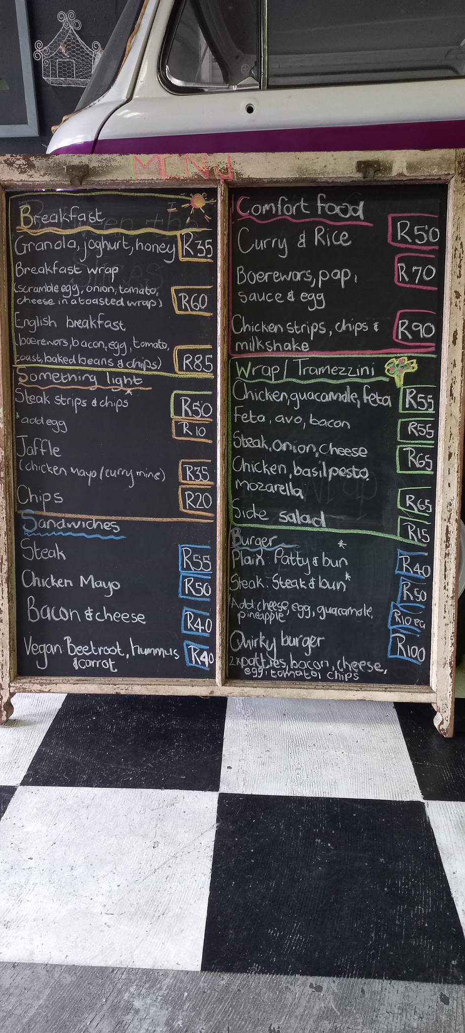 Menu au Quirky Coffee Shop, Le Cap