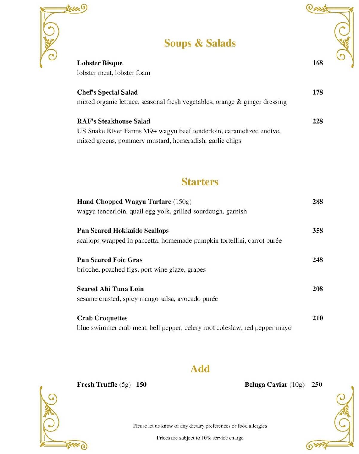 Menu at RAF and Sons restaurant, Hong Kong