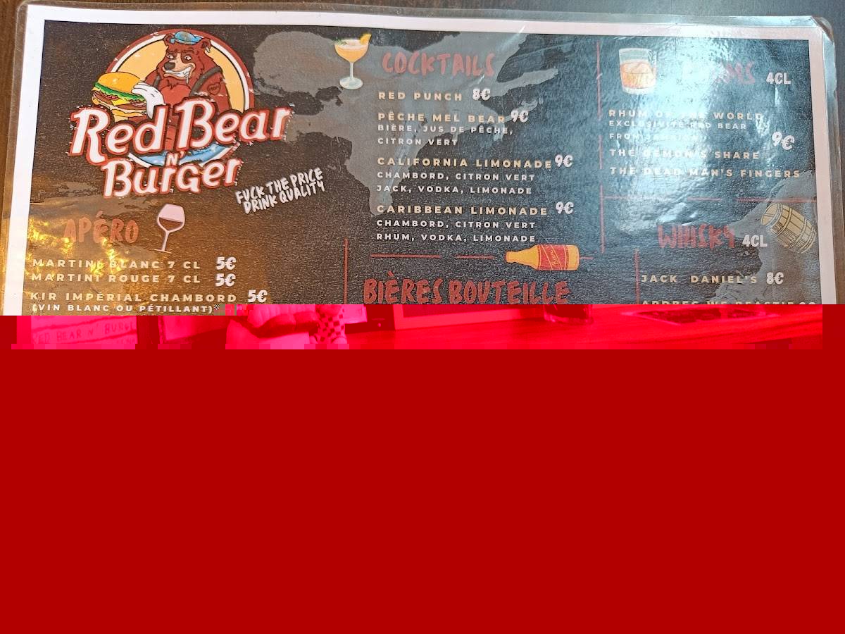 Menu au RED BEAR N’ BURGER ᙅᖾᥲຕρɩoᥒ ᑯᥱ ᖴɾᥲᥒᥴᥱ ᑯᥙ ᑲᥙɾɠᥱɾ restaurant ...