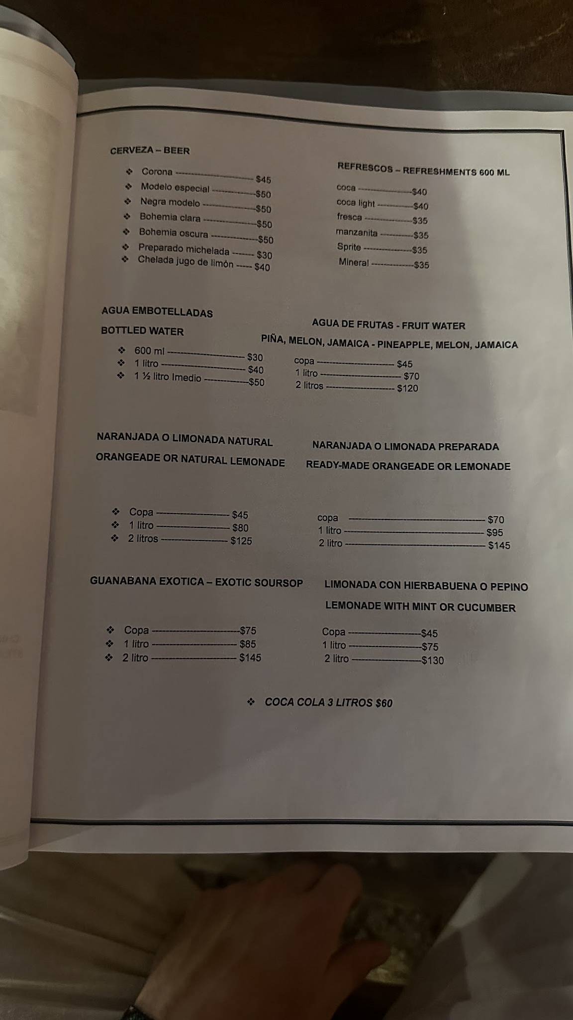 Carta de RESTAURANTE EL PARAÍSO, Palenque