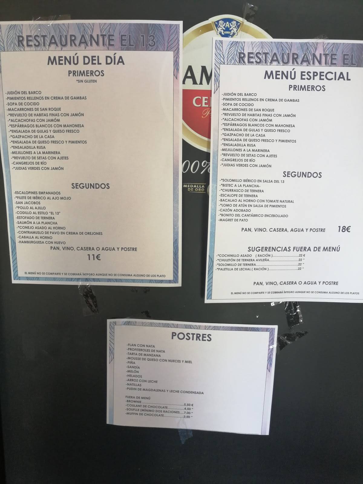 Carta de RESTAURANTE EL TRECE, Piedralaves