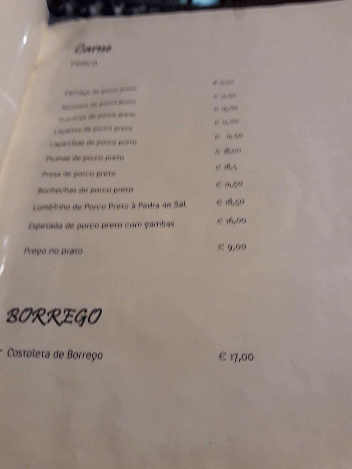 Menu em Pedra de sal restaurante, Luso
