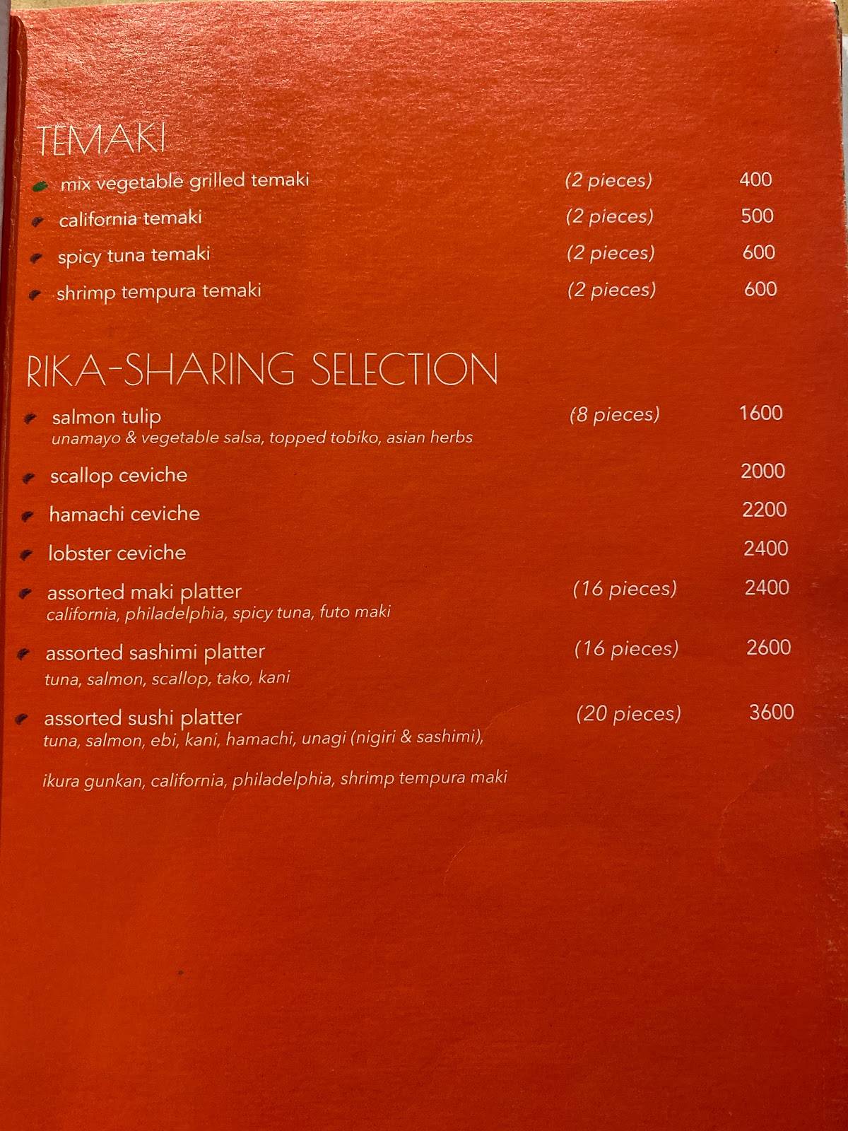 Menu at RIKA, Hyderabad, Mezzanine Floor