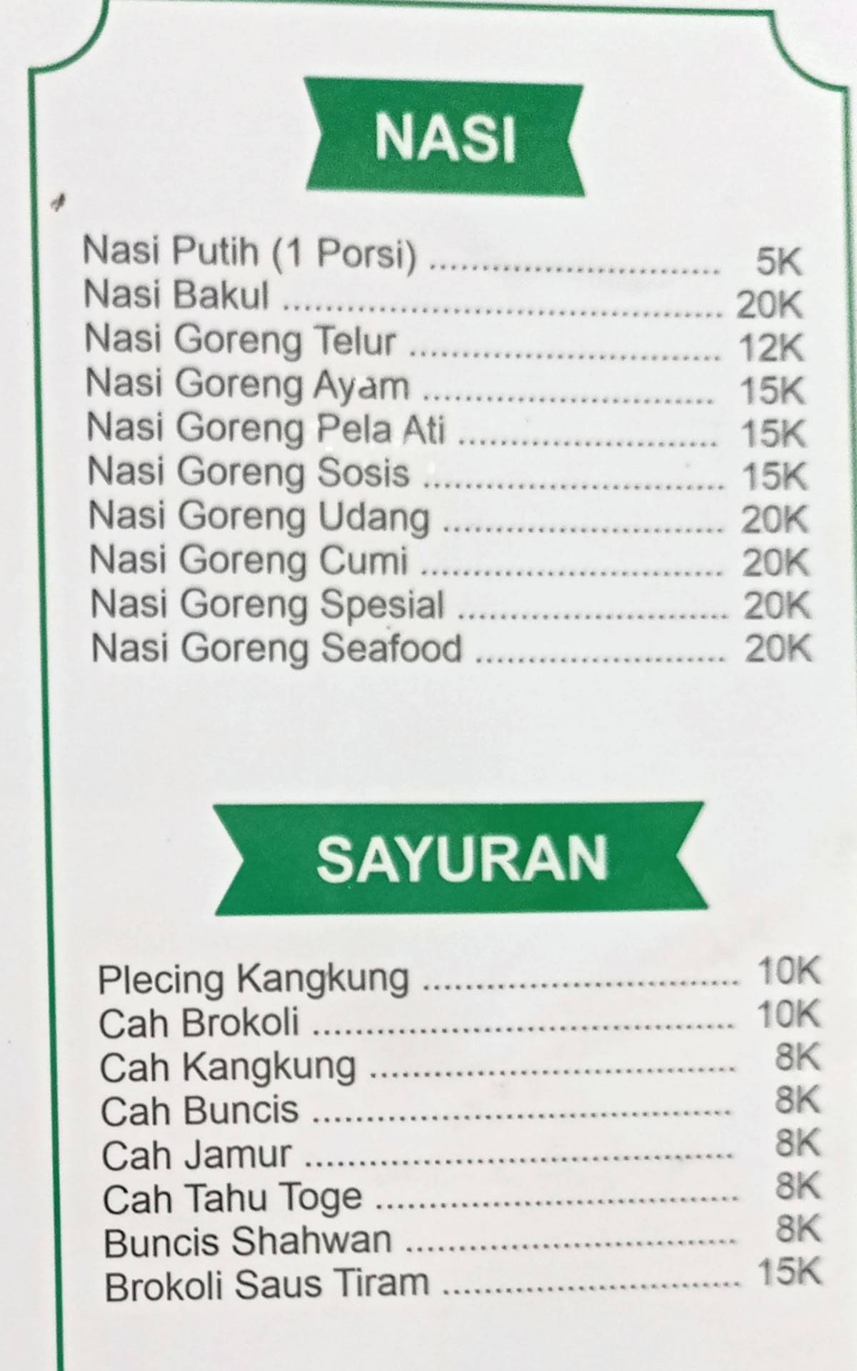 Menu at Rumah Makan Harmoni restaurant, Wonosobo