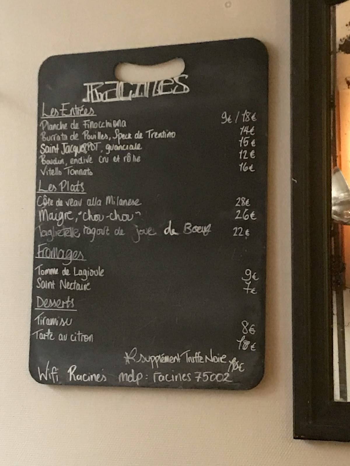 Menu at Racines restaurant, Paris, 8 Pass. des Panoramas