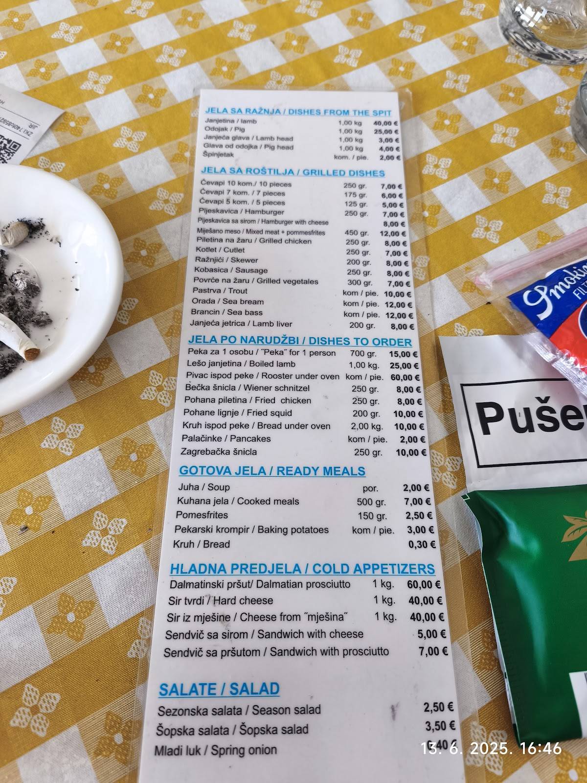Menu at Kod Pere restaurant, Radučić