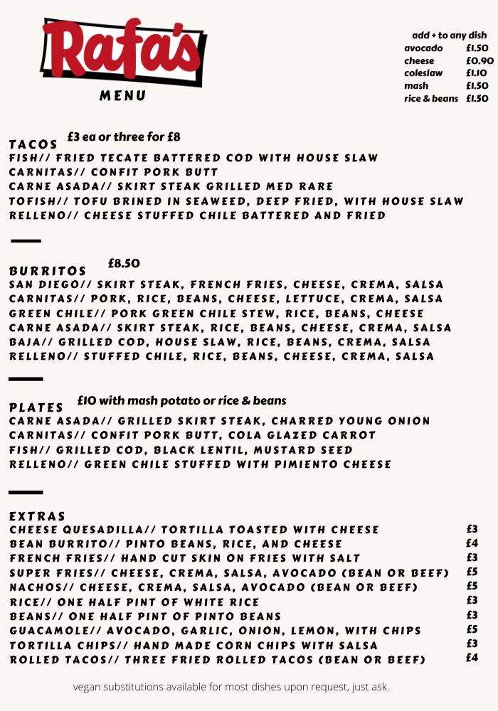 Menu at Rafa's restaurant, Glasgow