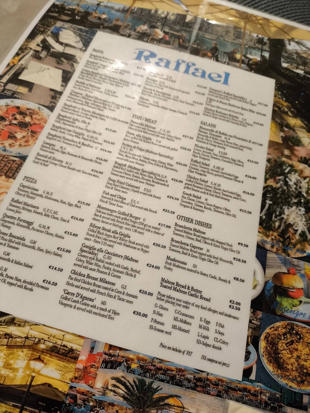Menu at Raffael Restaurant, Saint Julian's