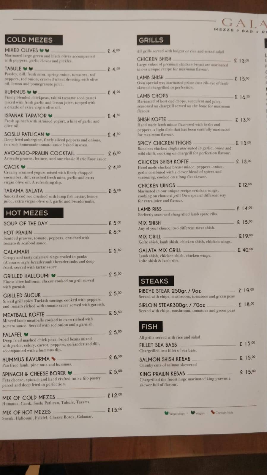 Menu at Galata Mezze Restaurant & Bar, Rainham