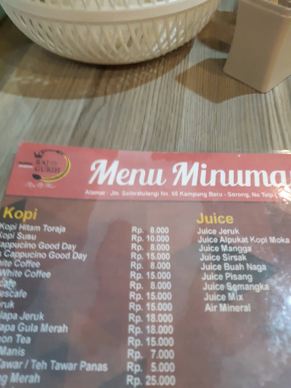 Menu at Raja Gurih Rumah Makan restaurant, Sorong