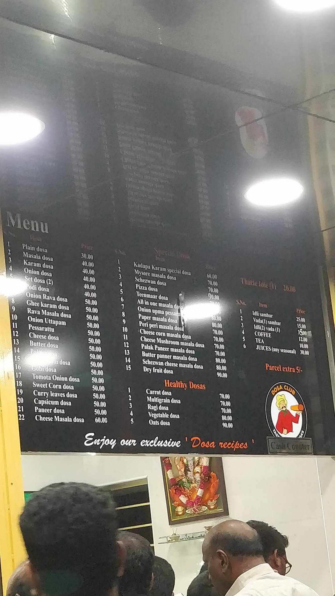 Menu at Raju's Dosa Club, Tirupati