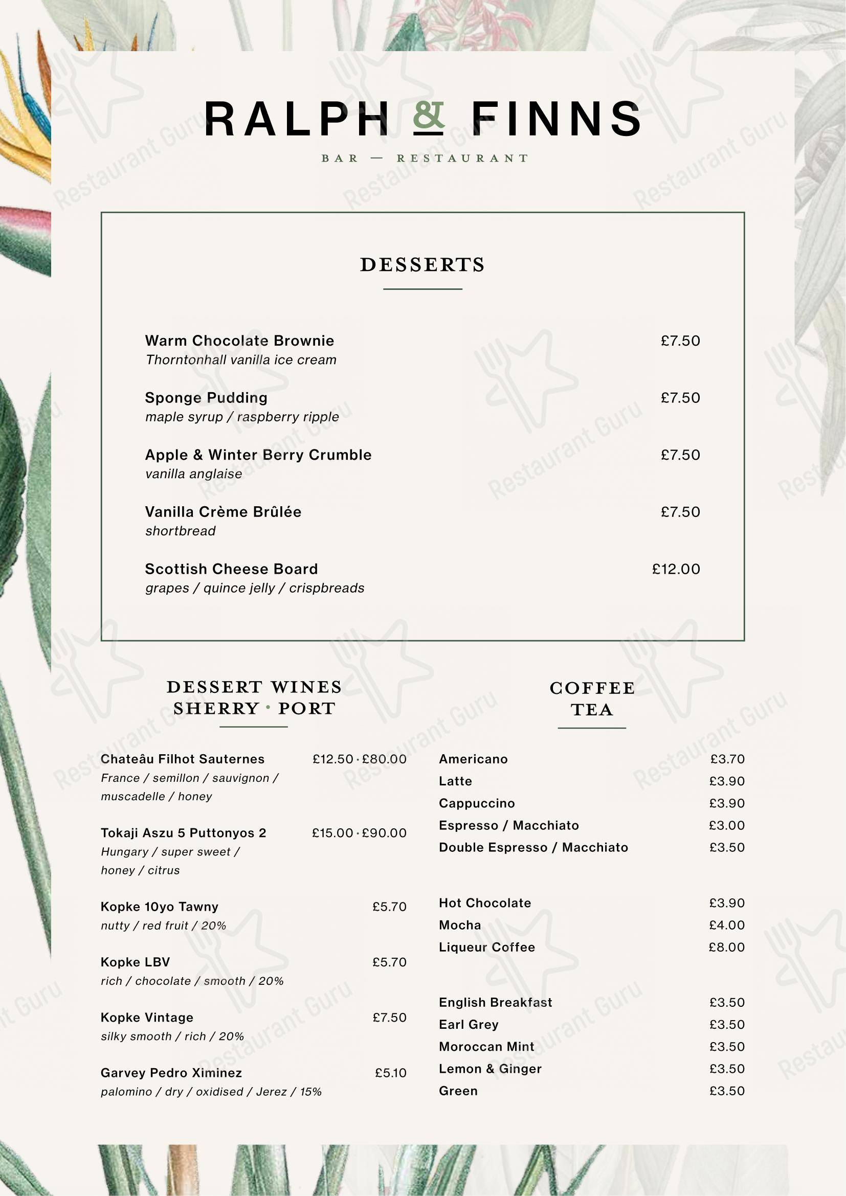 Menu at Ralph & Finns restaurant, Glasgow, 23-25 St Vincent Pl