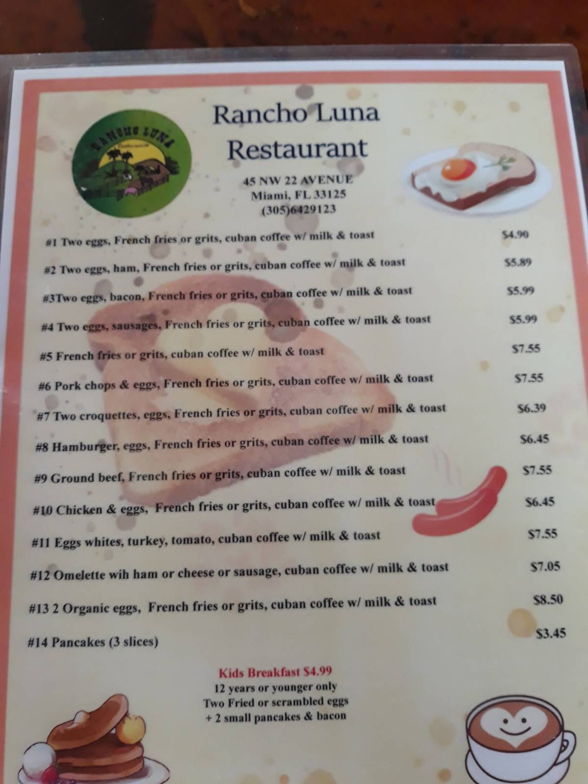 Menu at Rancho Luna Restaurant, Miami