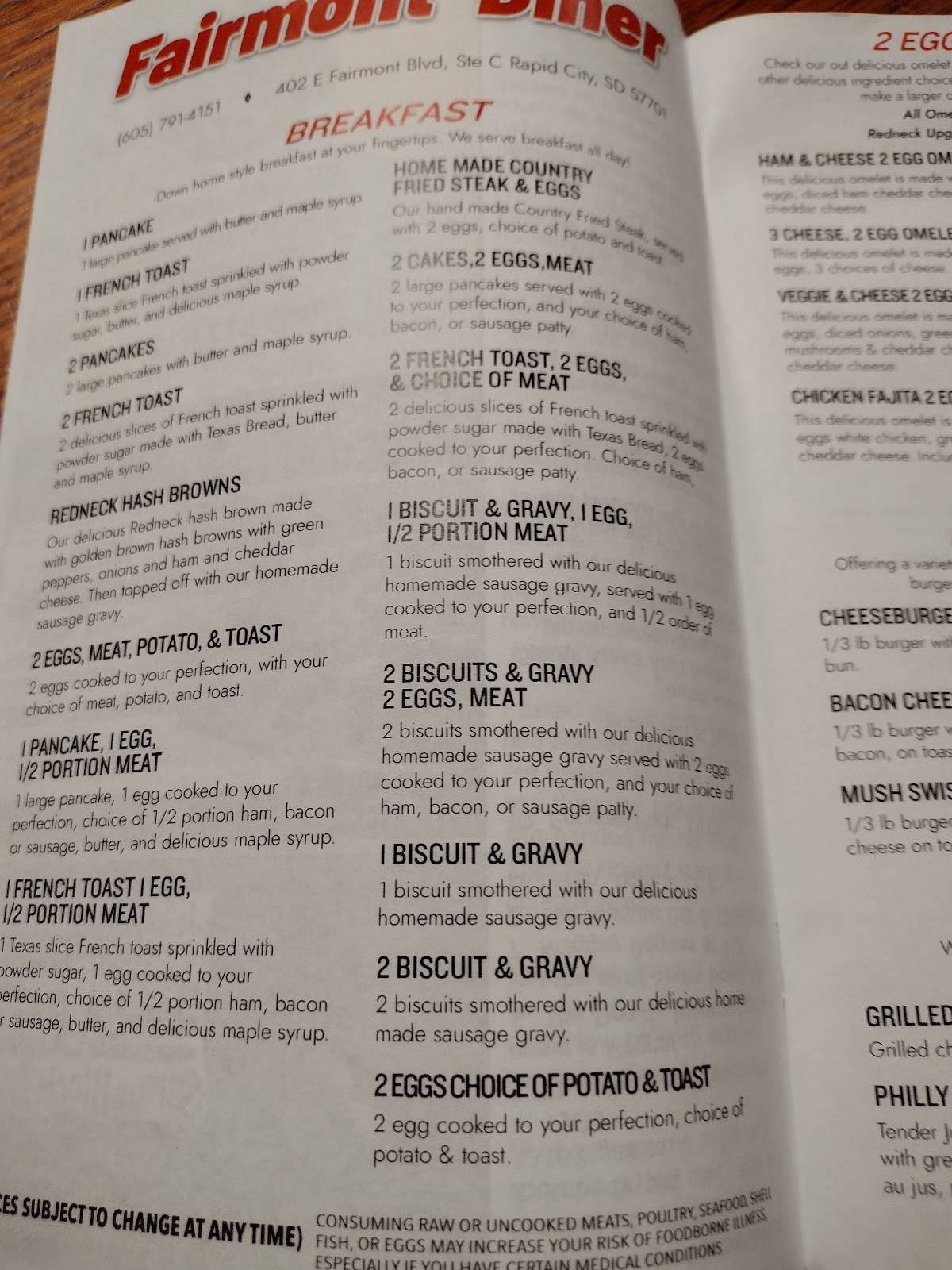 Menu at Fairmont Diner restaurant, Rapid City