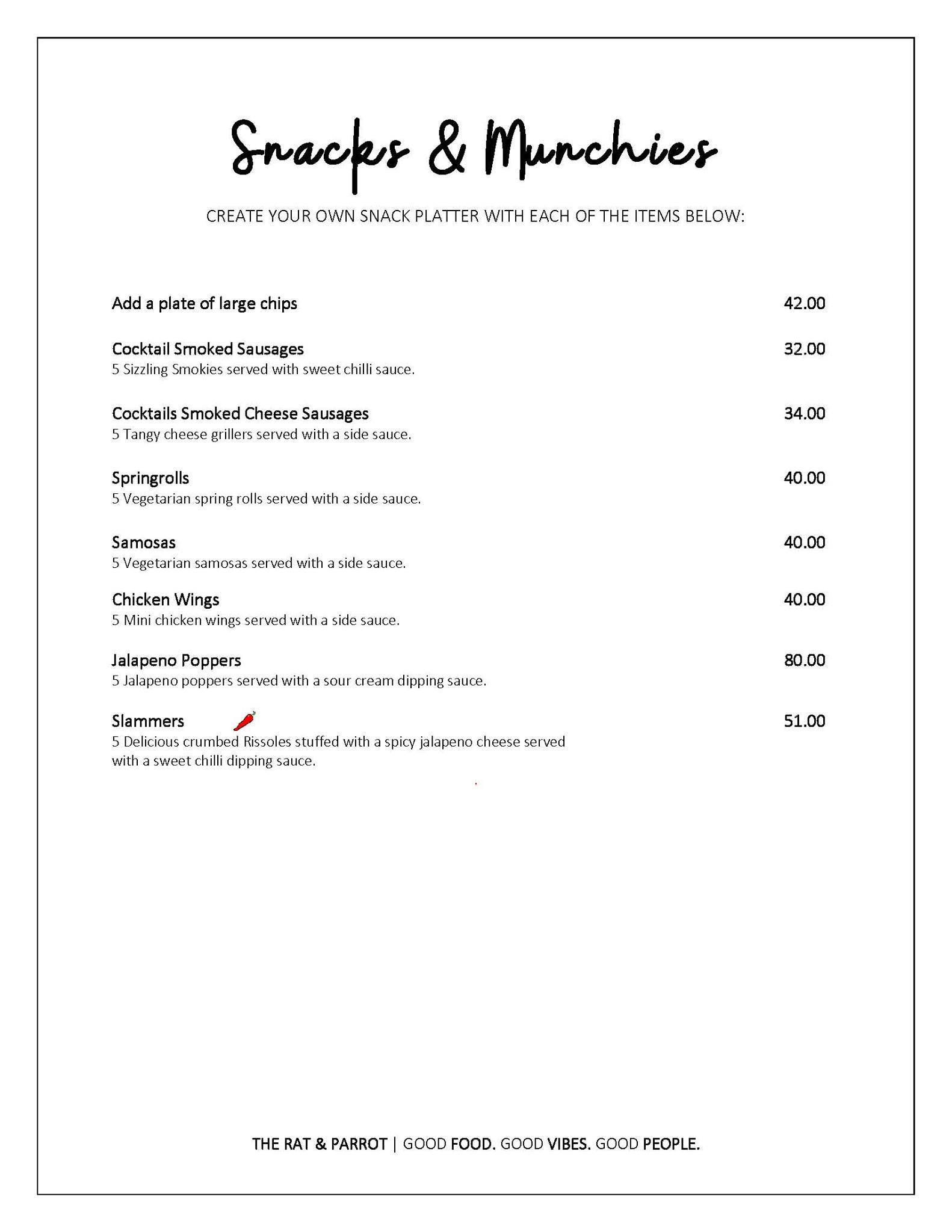 Menu at Rat & Parrot Grahamstown restaurant, Grahamstown