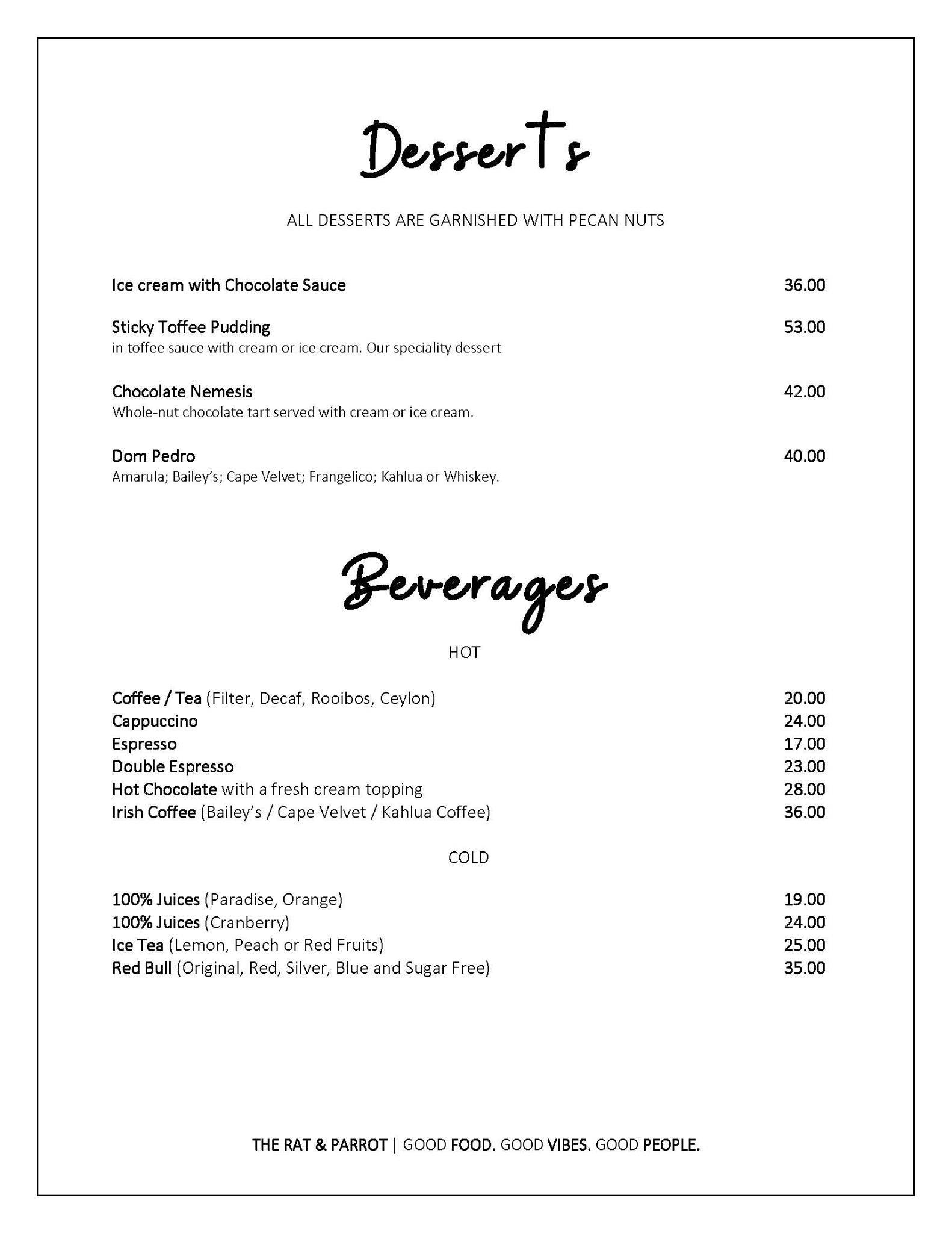 Menu at Rat & Parrot Grahamstown restaurant, Grahamstown