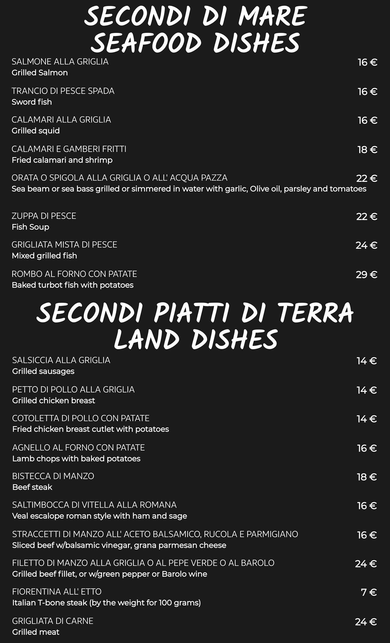 Menu at Raviolo d'Oro restaurant, Rome