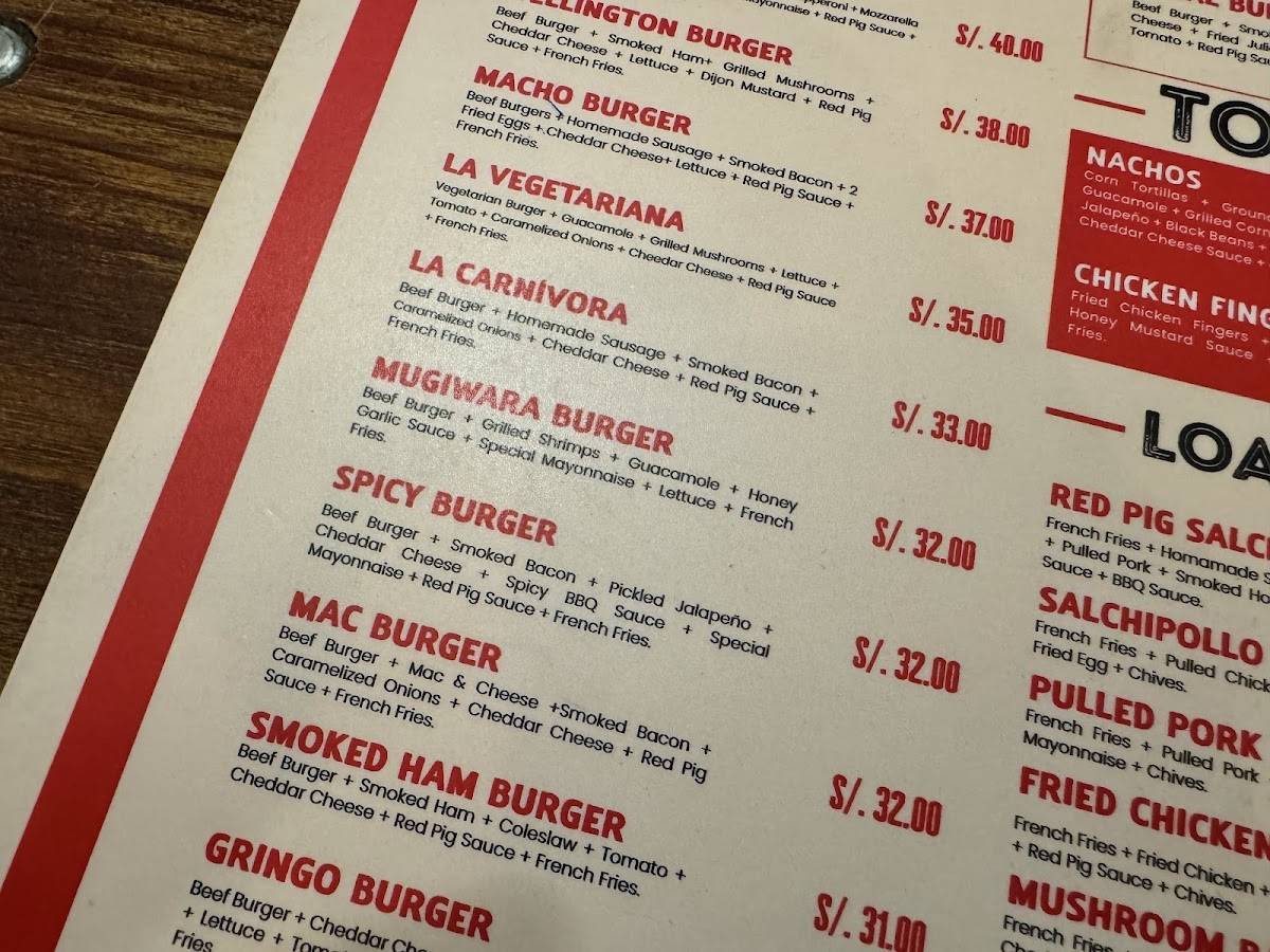 Menu at Red Pig restaurant, Arequipa