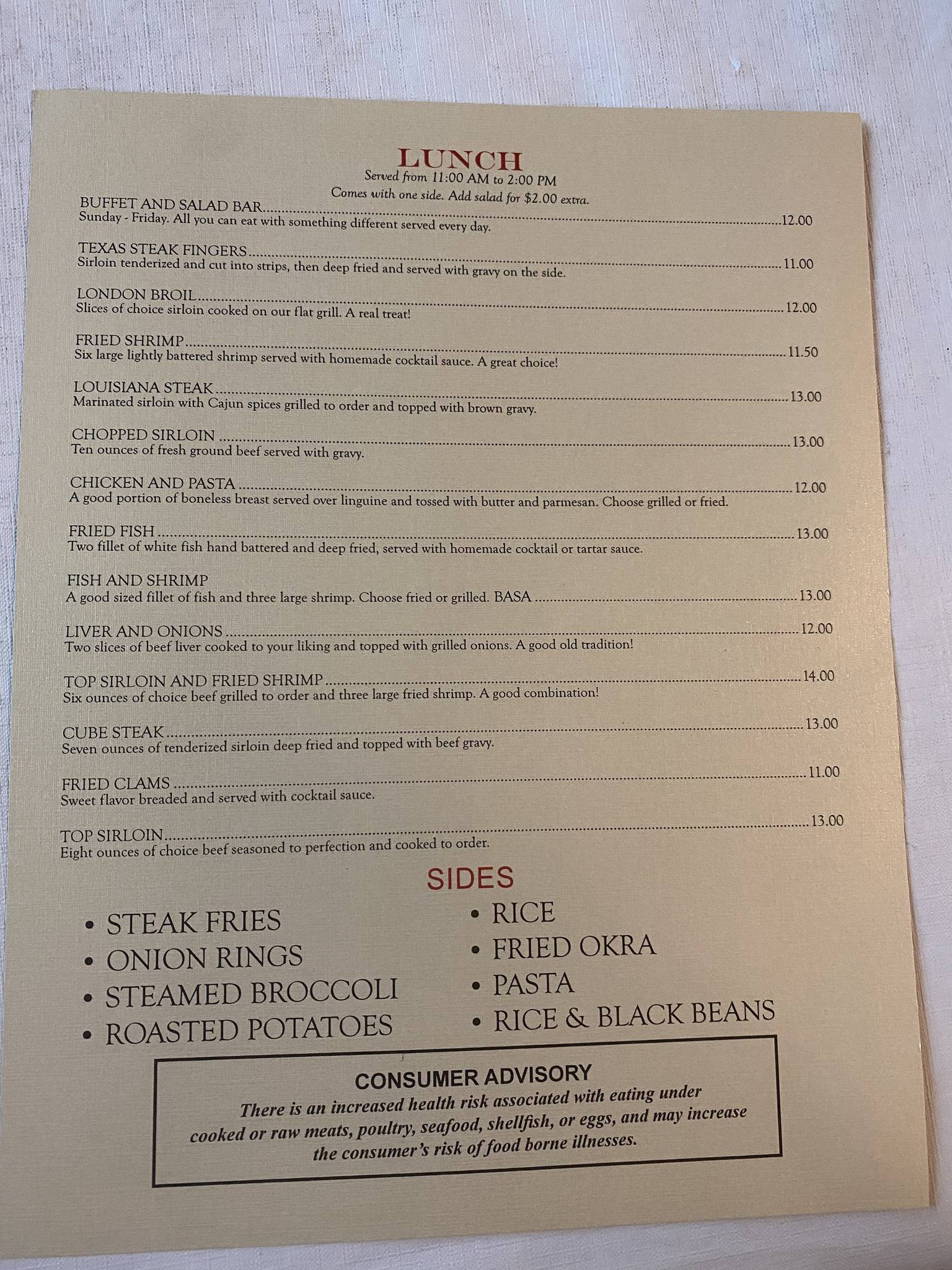 Menu at Reef N Beef Restaurant and Lounge, Arcadia, SE Hwy 70