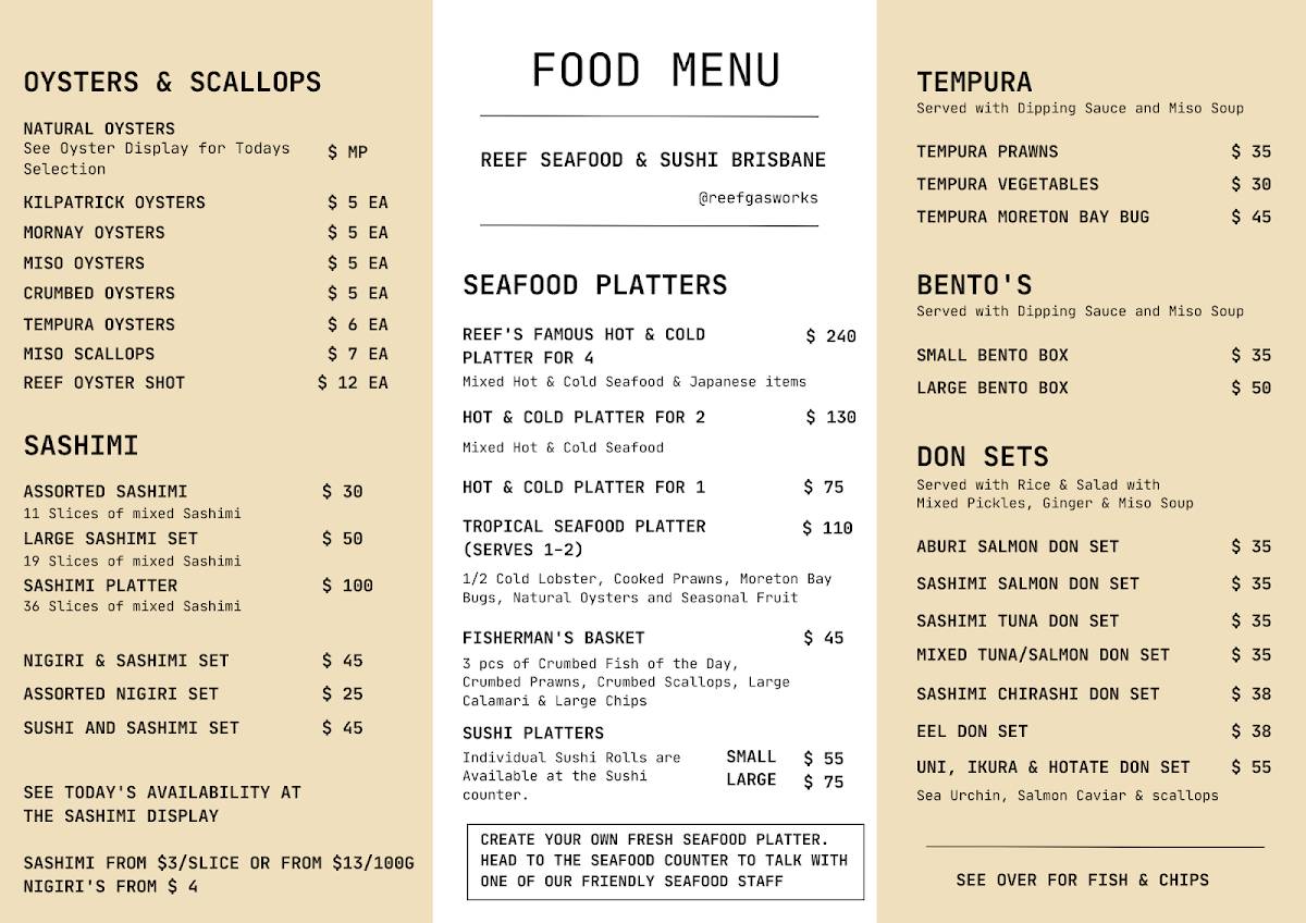Menu at Reef Seafood & Sushi Brisbane restaurant, Newstead